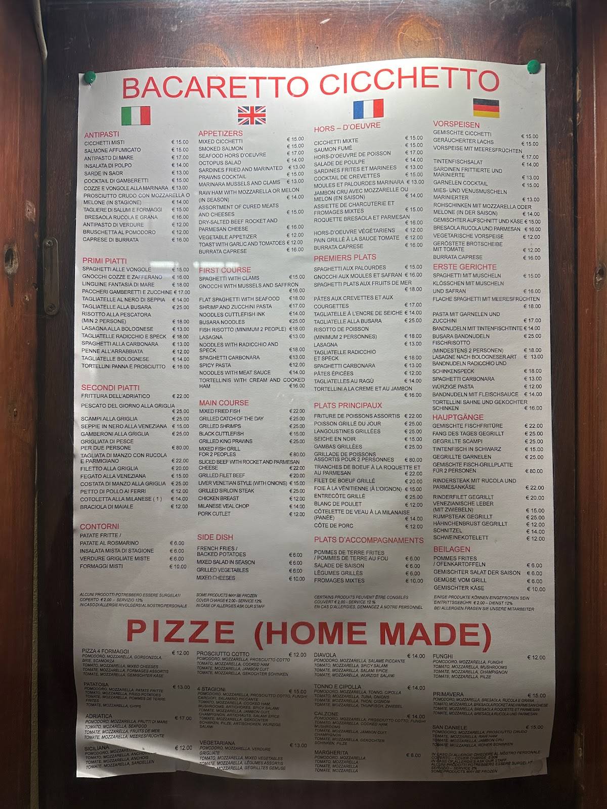 Menu da Bacaretto Cicchetto Venice pub & bar, Venezia