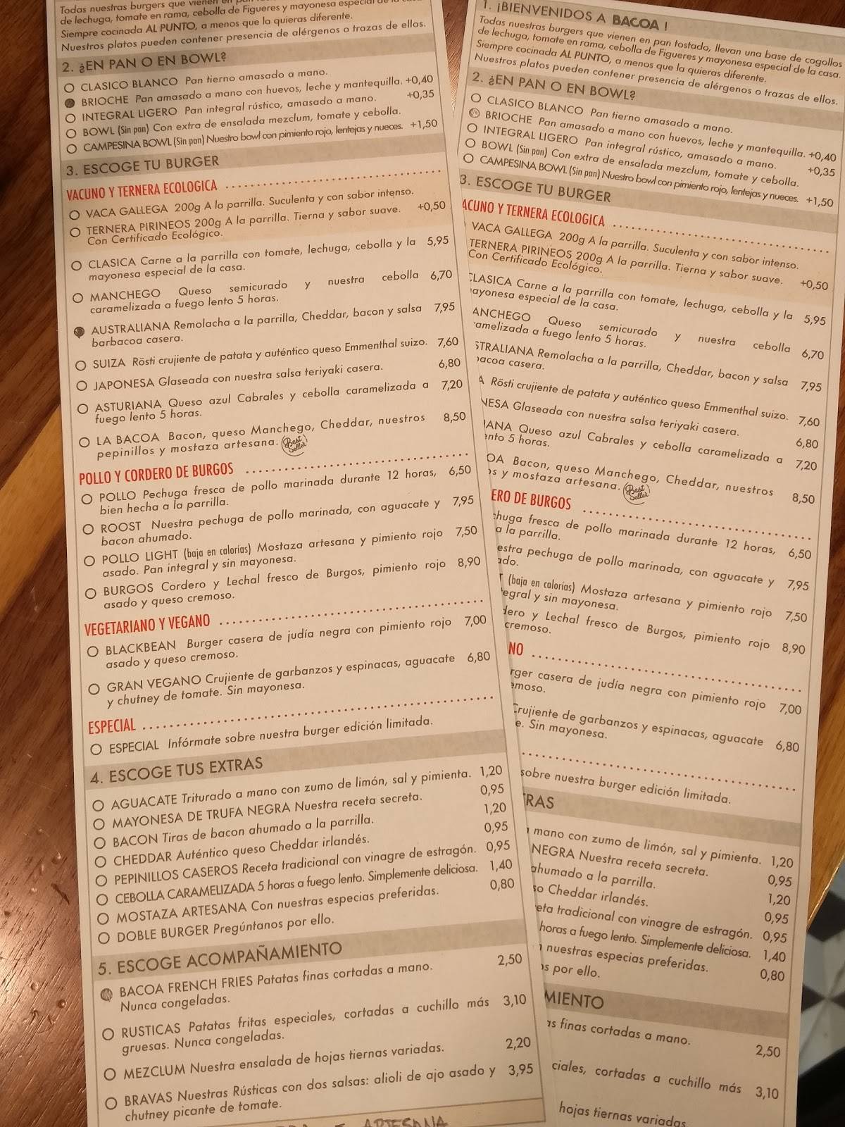 Menu at Bacoa Burger restaurant, Madrid, Cra de S. Jerónimo