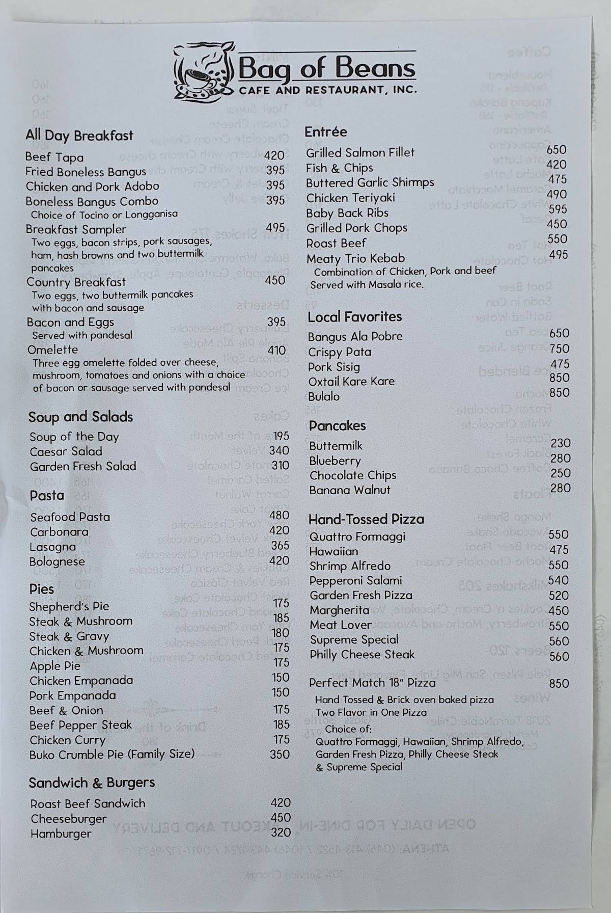 Menu at Bag of Beans Athena Branch restaurant, Tagaytay, Gen. E