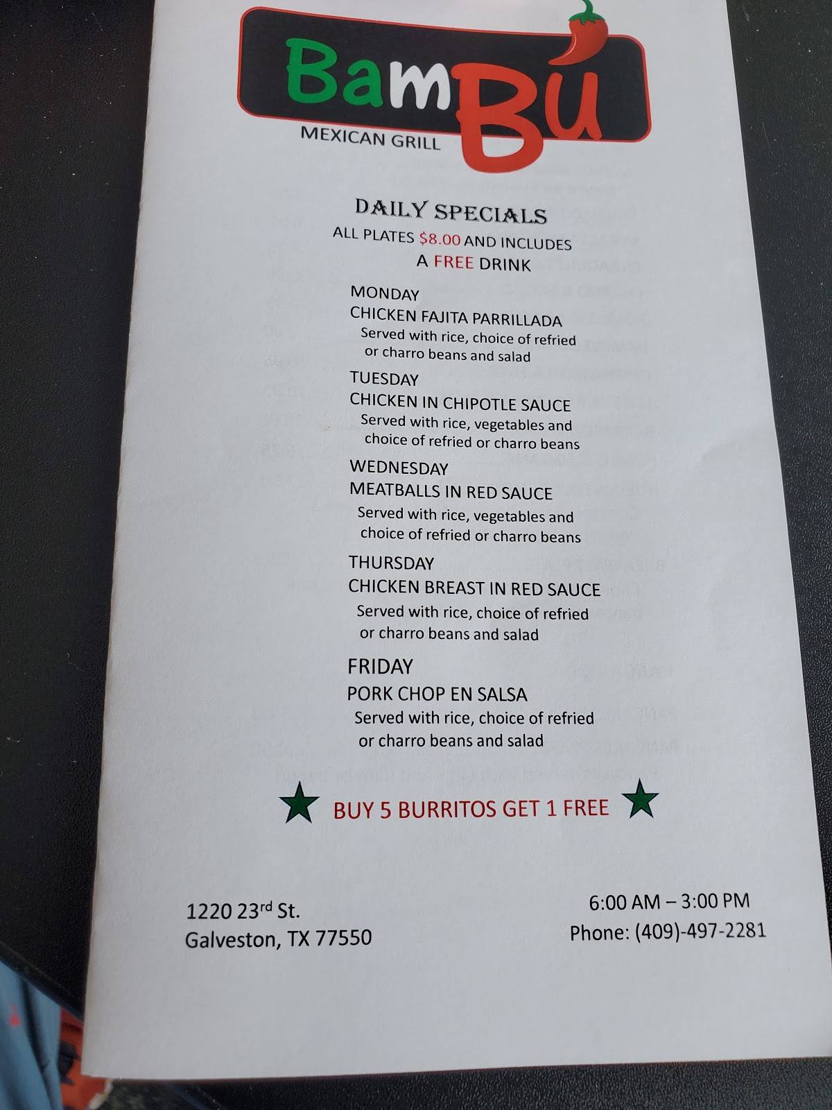 Menu at Bambú restaurant, Galveston