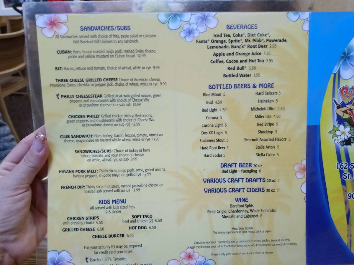 Menu at Barefoot Bill's Island Grill, St. Augustine