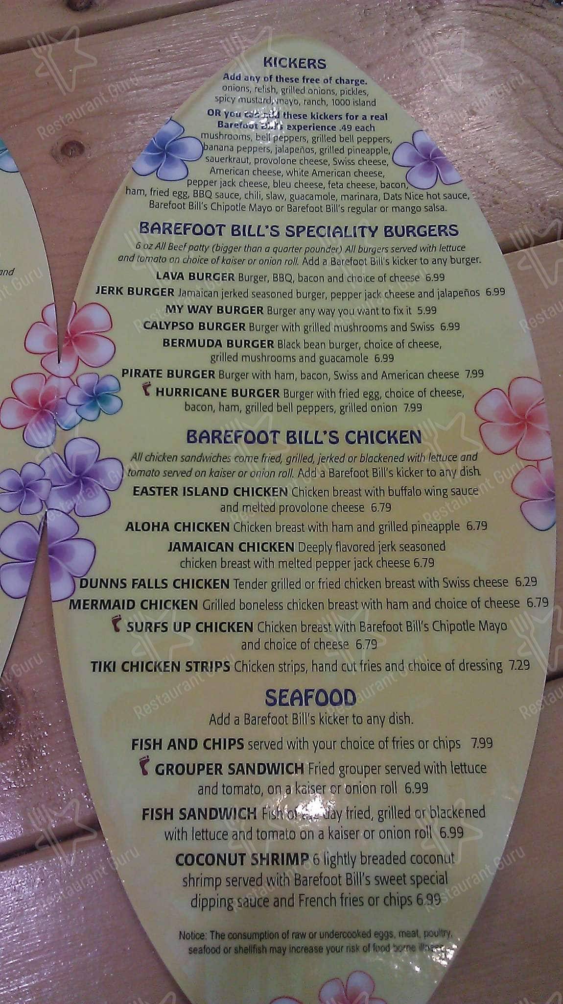 Menu at Barefoot Bill's Island Grill, St. Augustine