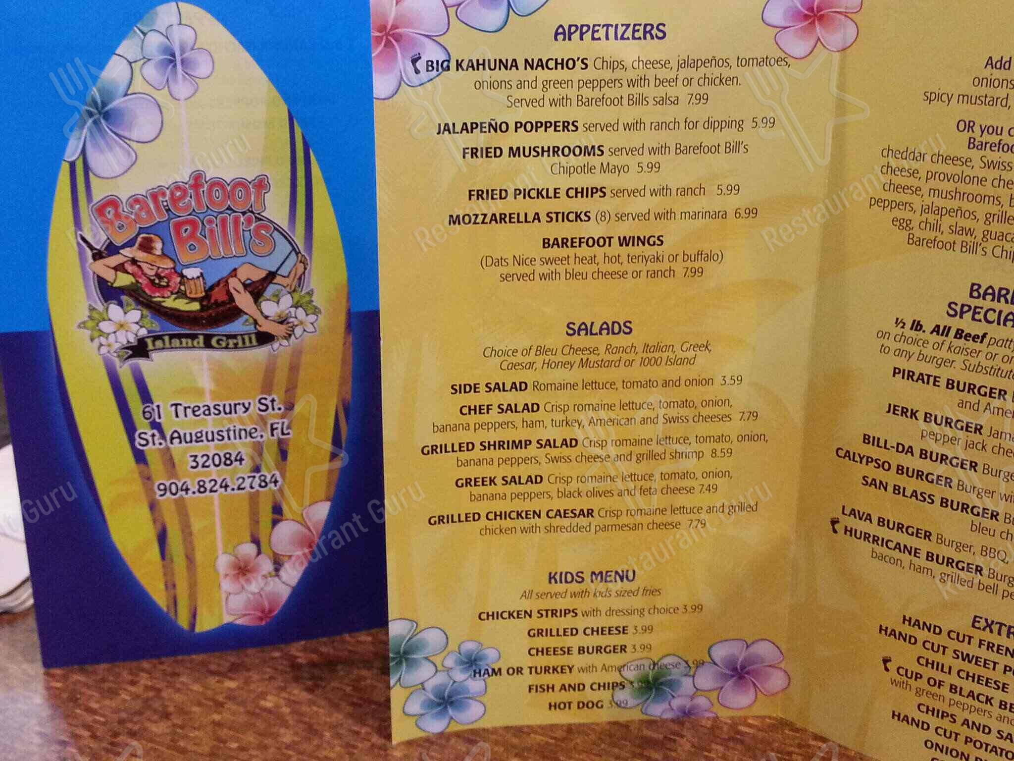 Menu at Barefoot Bill's Island Grill, St. Augustine