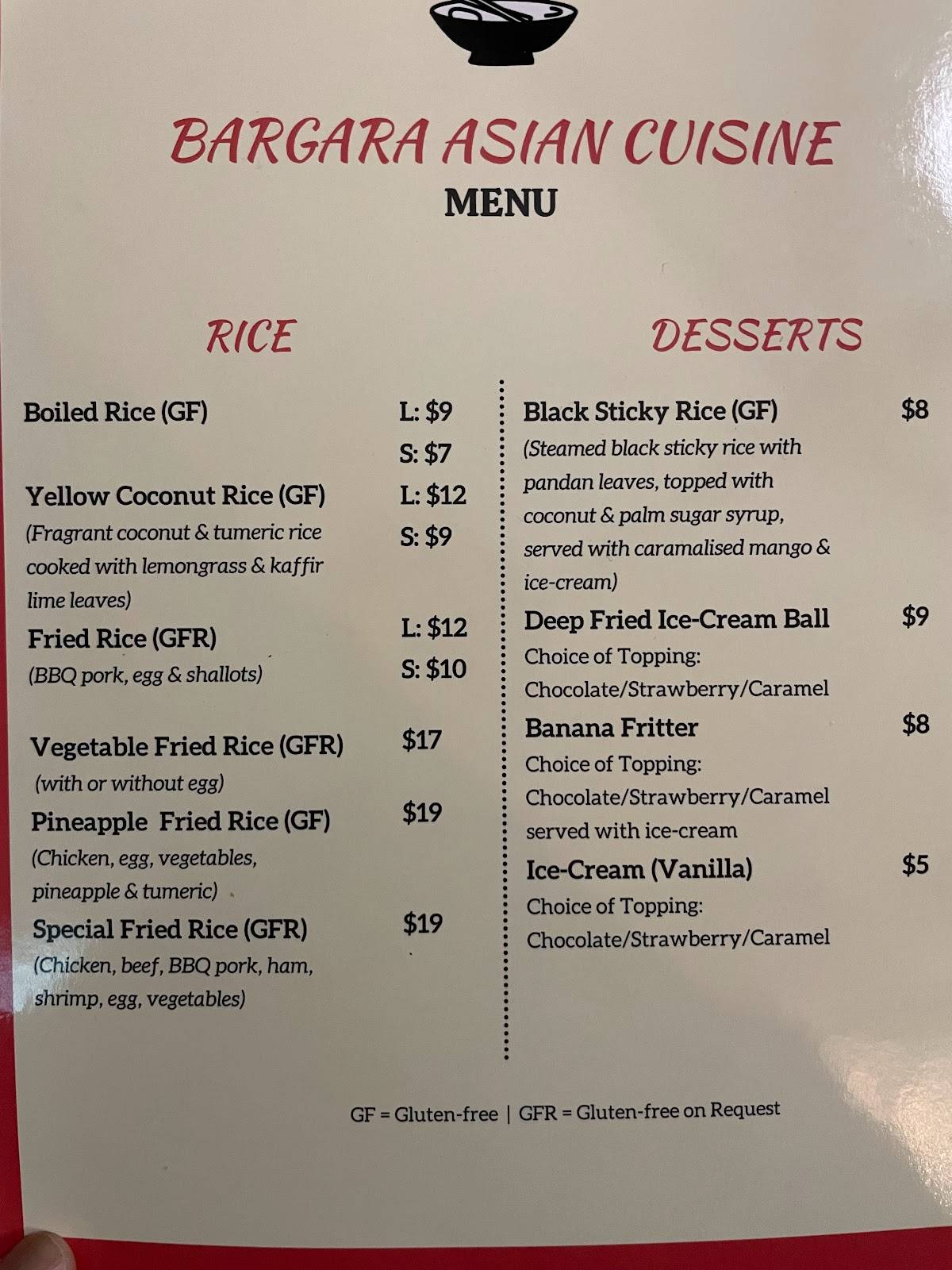 Menu at Bargara Asian Cuisine, Bargara