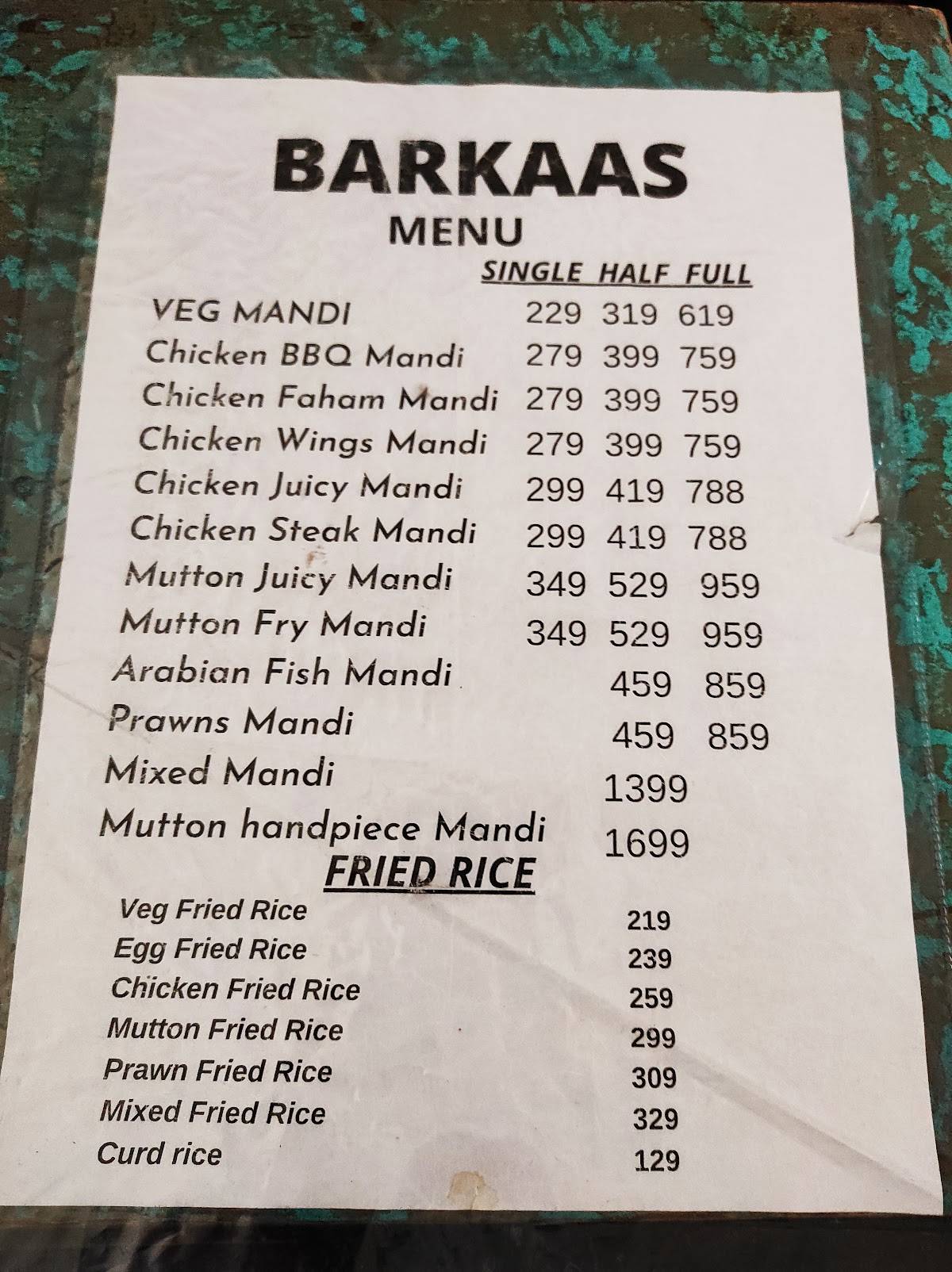 Menu at Barkas Arabian Kitchens, Rajahmundry, Near