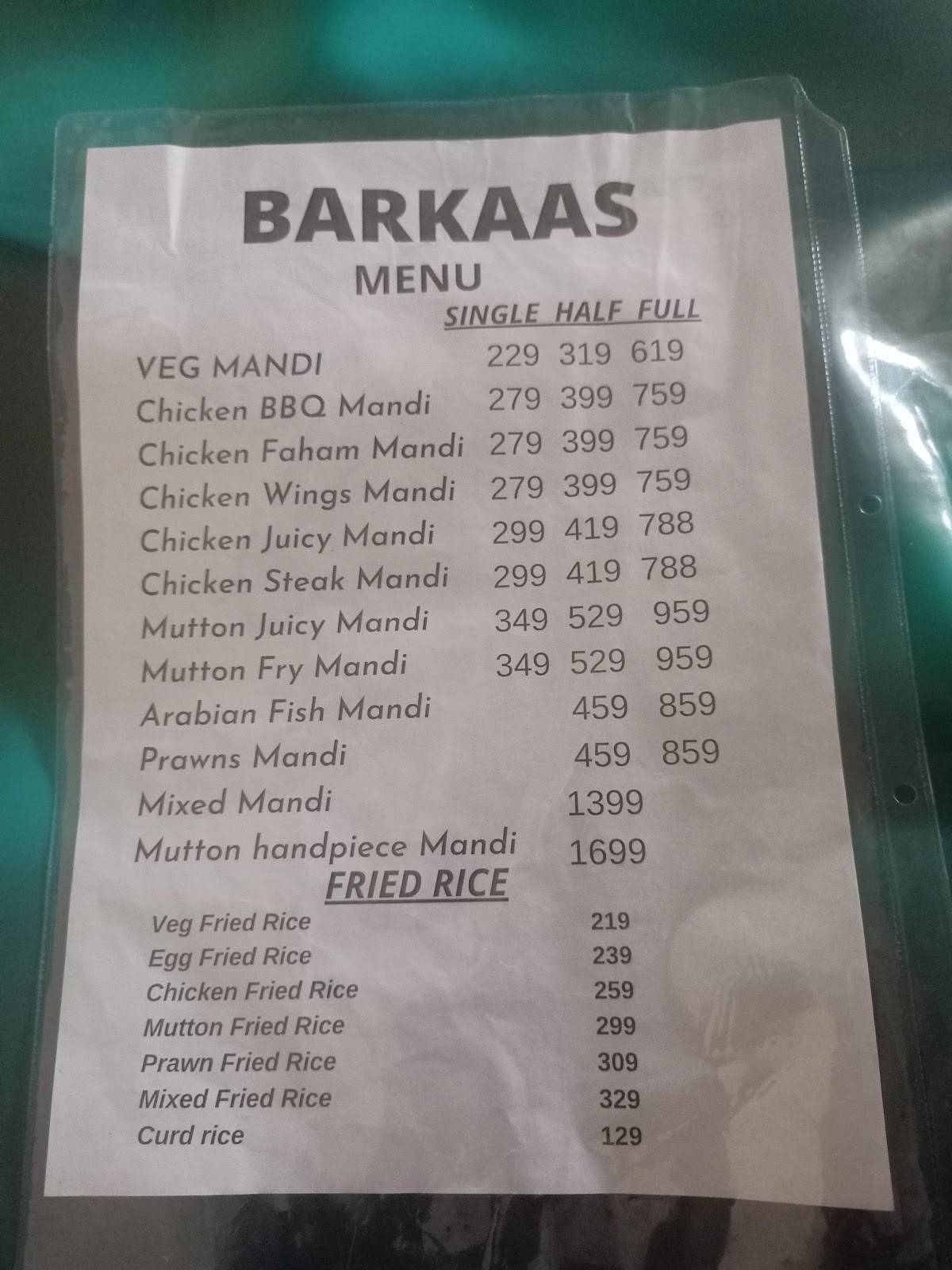 Menu at Barkas Arabian Kitchens, Rajahmundry, Near