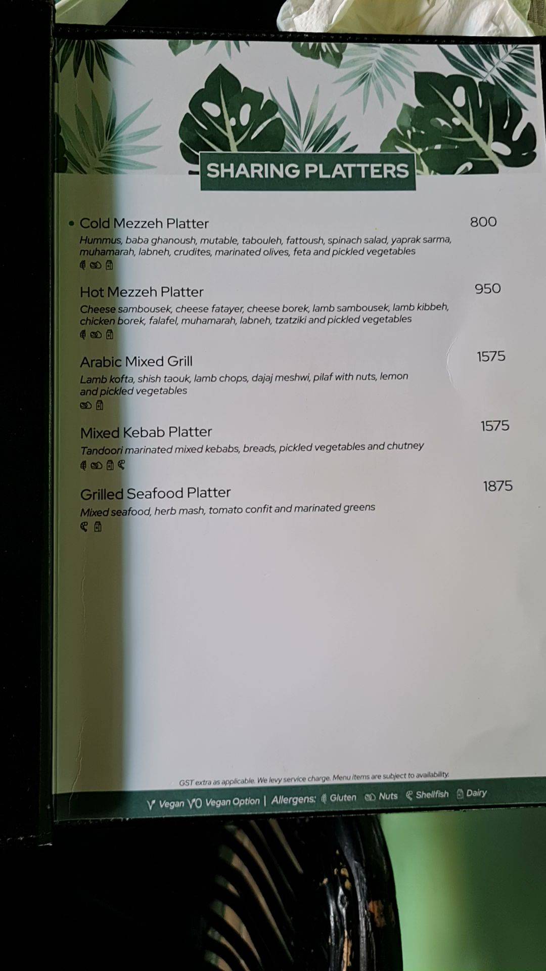 Menu at Bayroot, Chennai