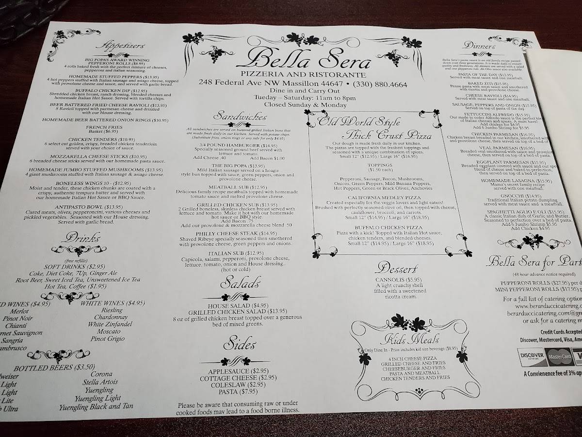 Menu at Bella Sera Pizzeria and Ristorante, Massillon