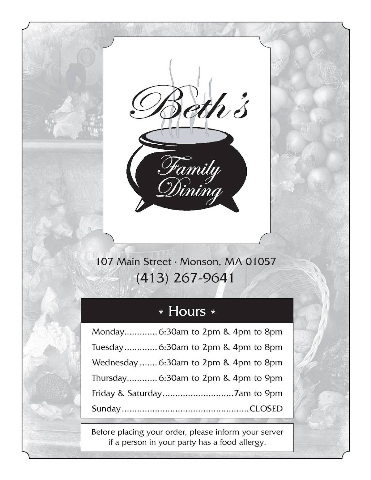 Menu at Beth's Family Dining restaurant, Monson