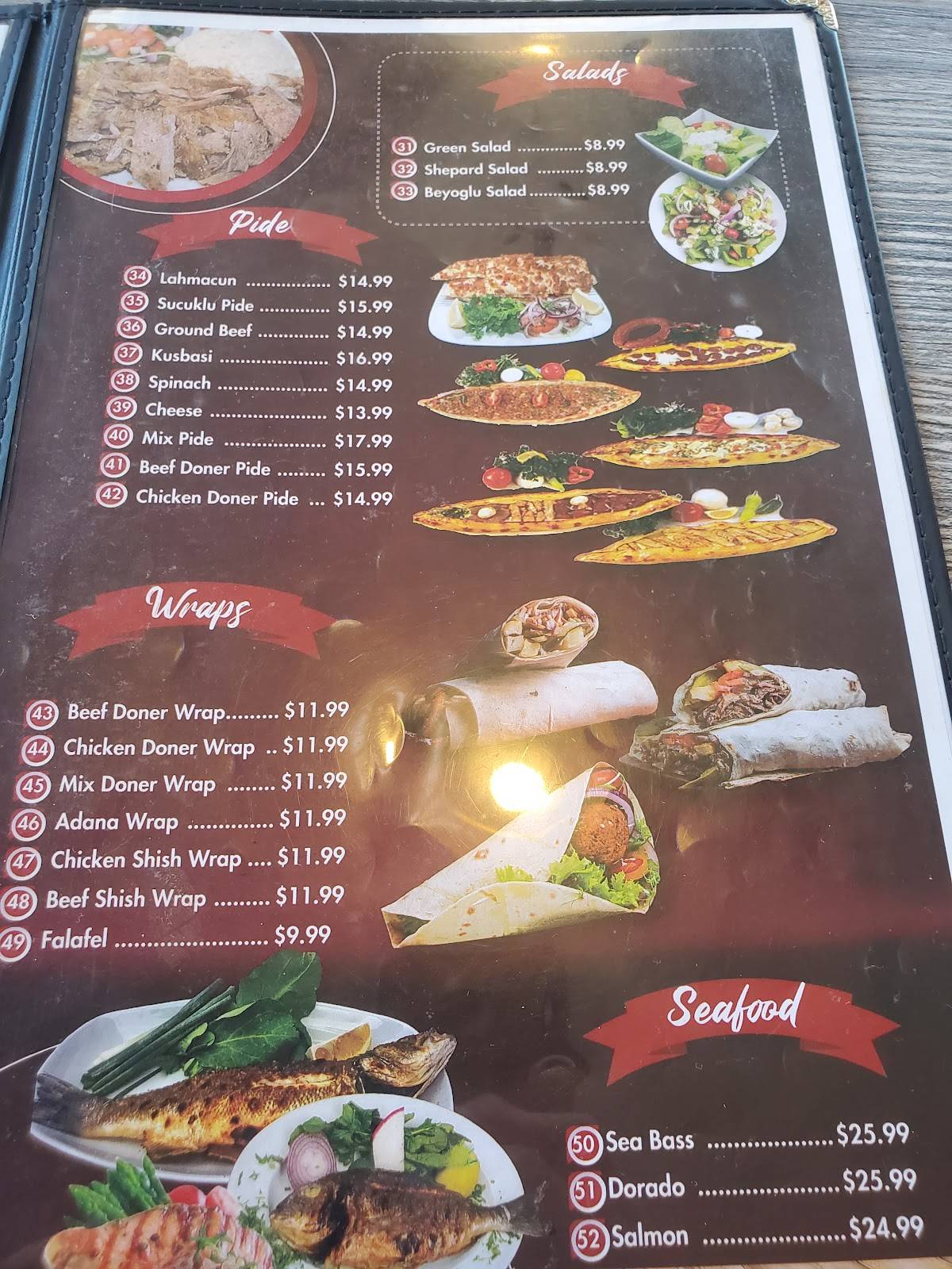 Menu at Beyoglu Kebab restaurant, Toronto