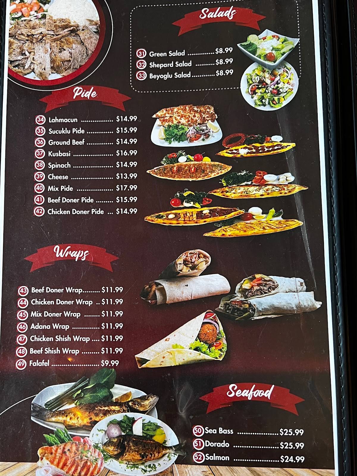 Menu at Beyoglu Kebab restaurant, Toronto