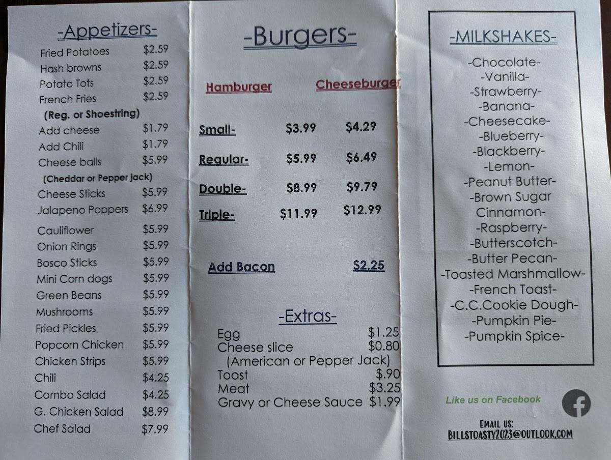 Menu at Bill's Toasty Shop restaurant, Taylorville
