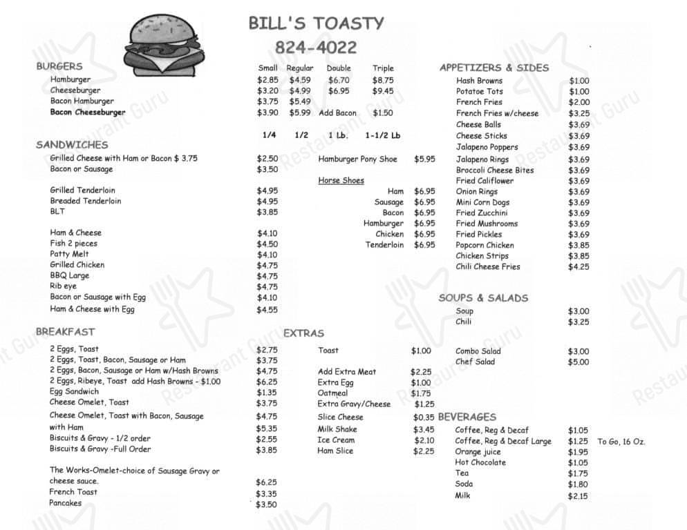 Menu at Bill's Toasty Shop restaurant, Taylorville