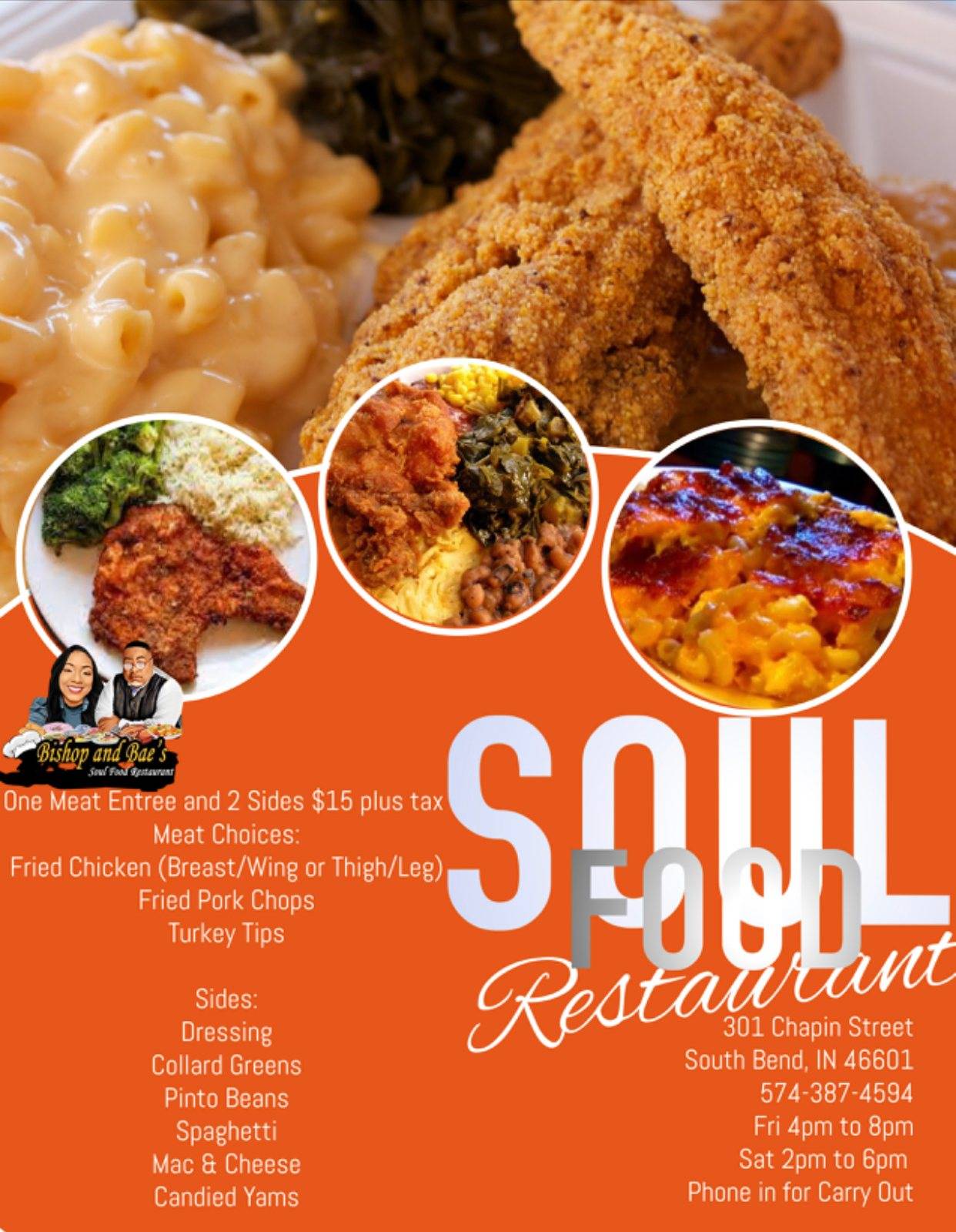 Menu at Bishop & Bae’s Soul Food Restaurant, South Bend