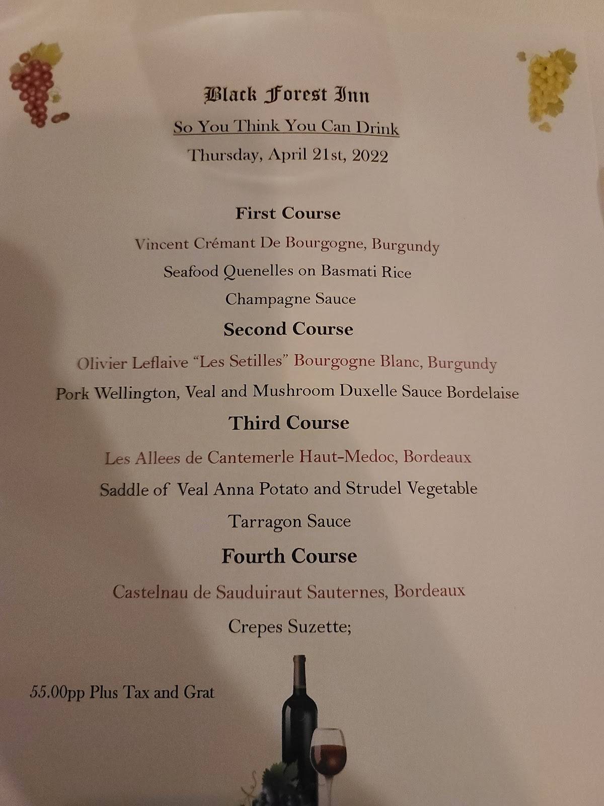 Menu at Black Forest Inn pub & bar, Stanhope