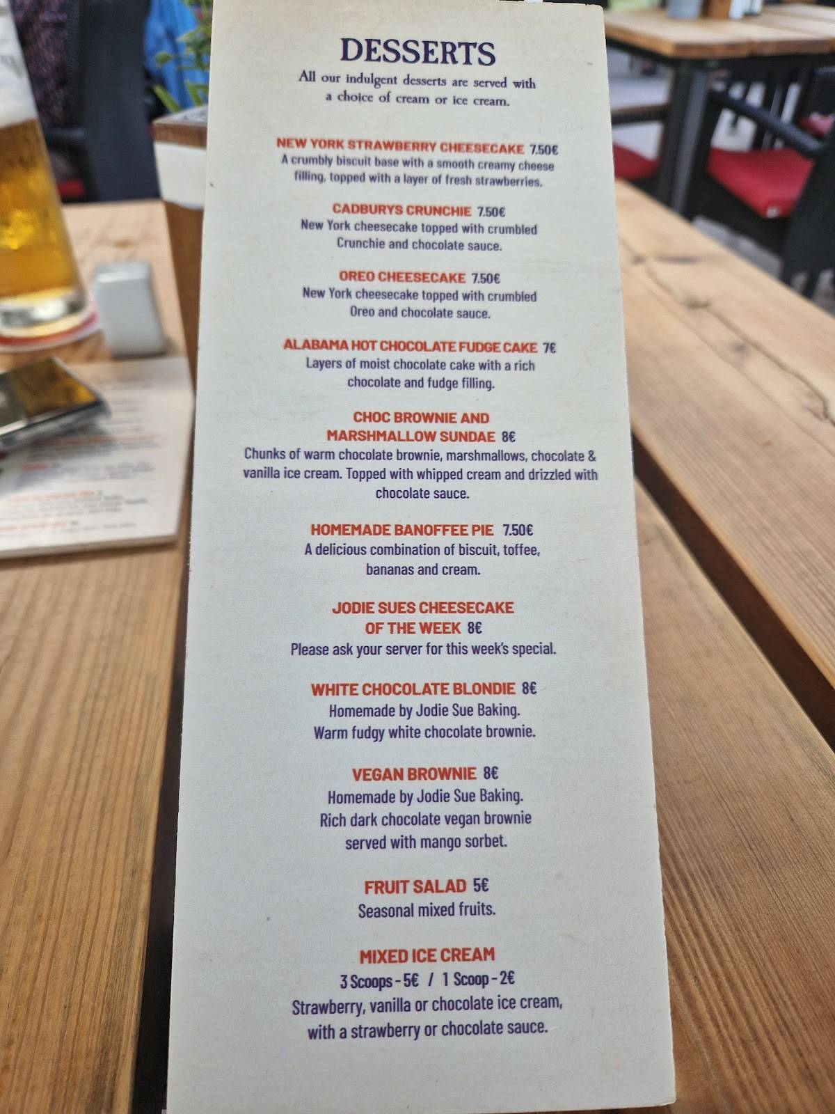 Menu at Blackbeard´s Beach Bar & Grill, Magaluf
