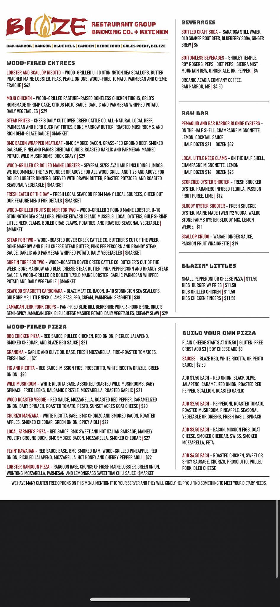 Menu at Blaze pub & bar, Bar Harbor