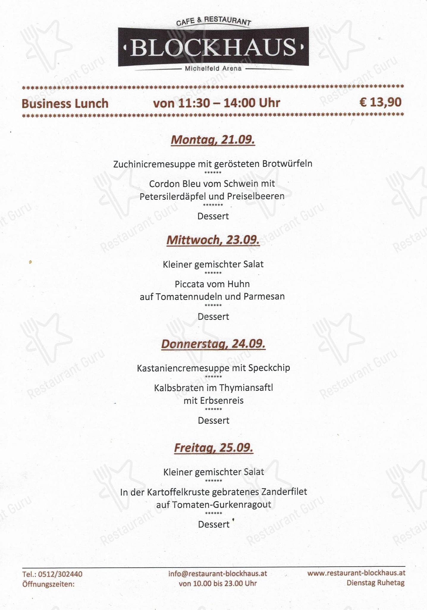 Speisekarte von Restaurant Blockhaus, Kematen in Tirol