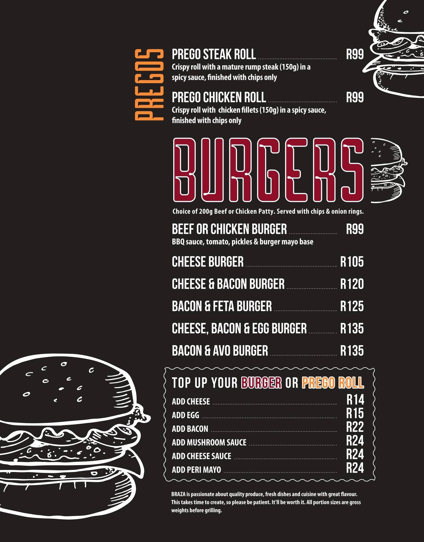 Menu at Braza restaurant, Bloemfontein, Loch Logan