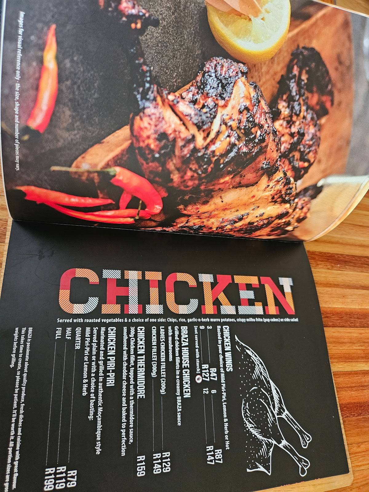 Menu at Braza restaurant, Bloemfontein, Loch Logan