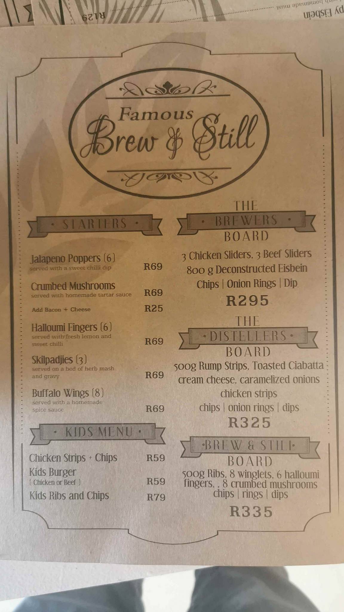 Menu at Famous Brew & Still restaurant, Bloemfontein