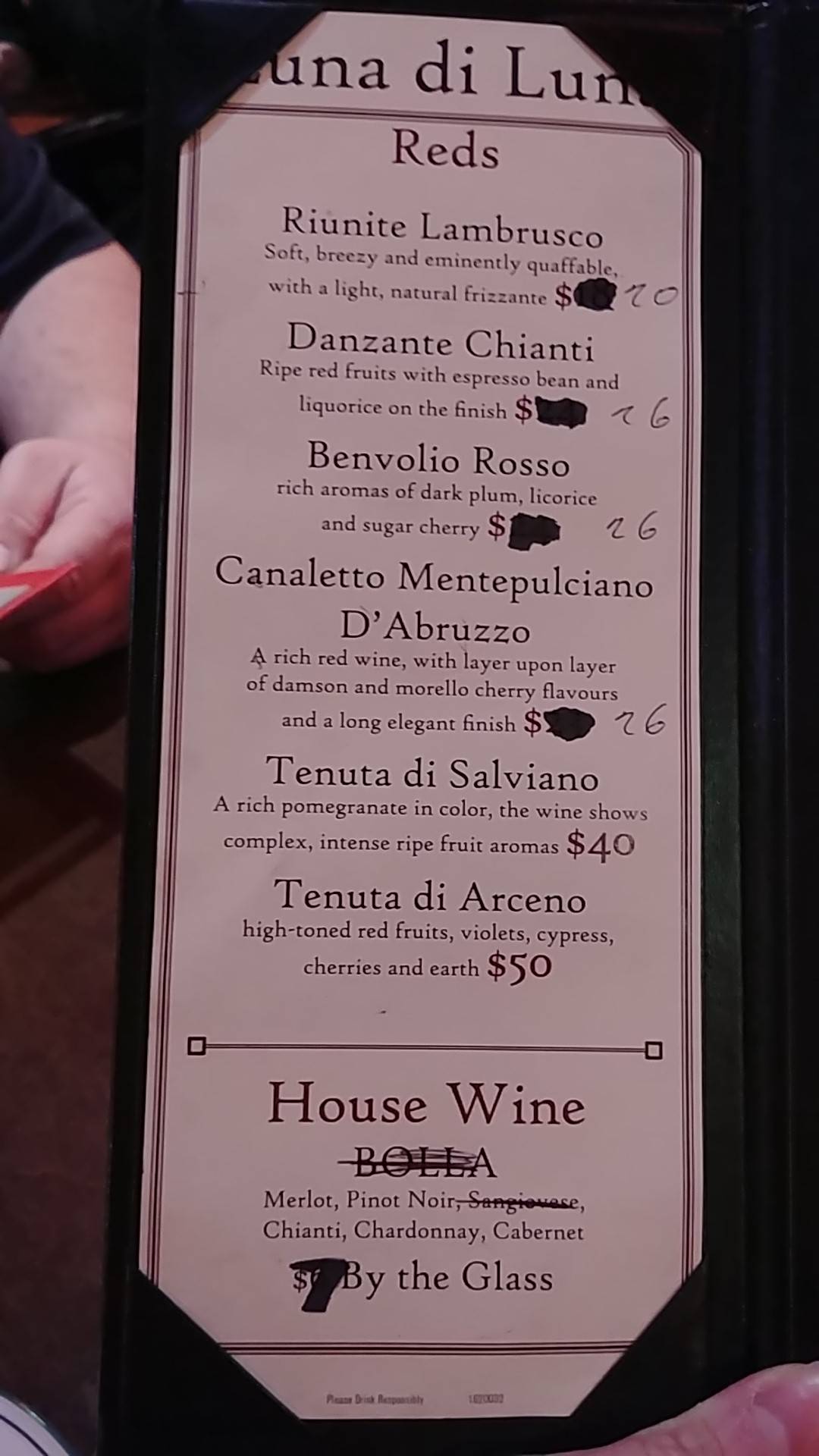 Menu at Luna Di Luna restaurant, Bloomington