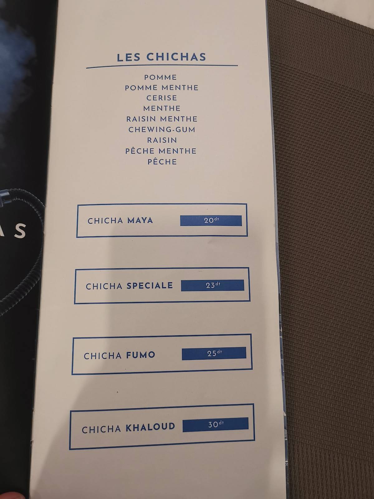 Menu au Blu Blu Sidi Bou restaurant, Site archéologique de Carthage