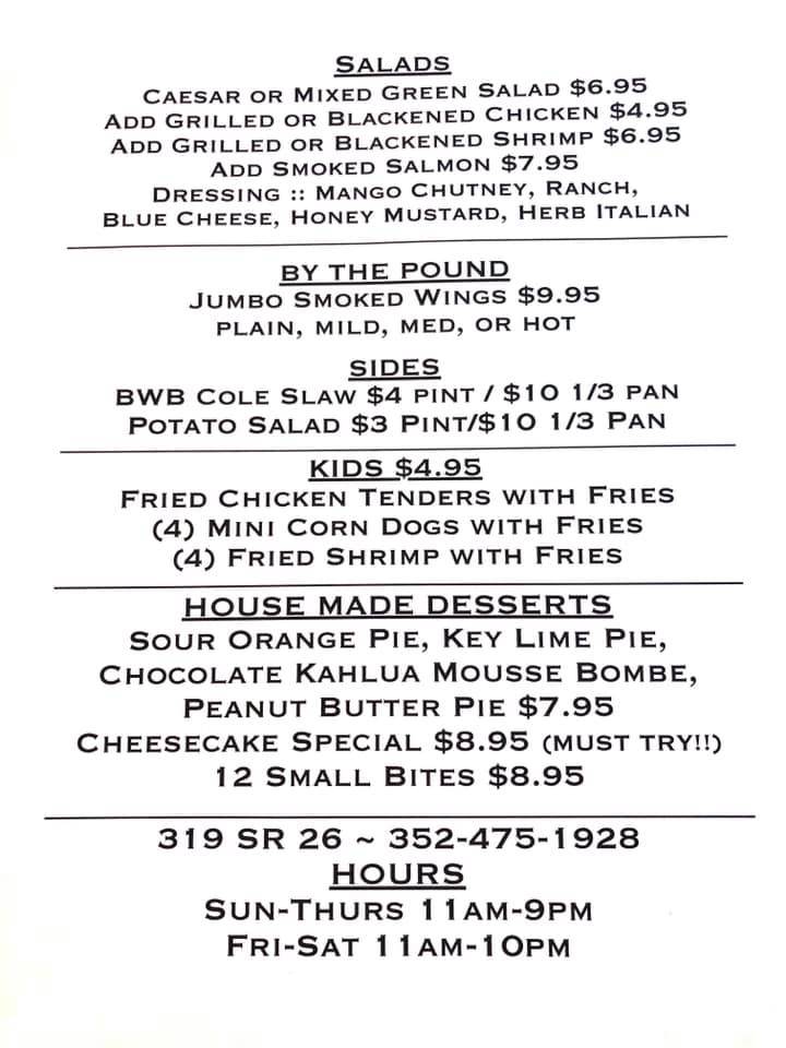 Menu at Blue Water Bay restaurant, Melrose