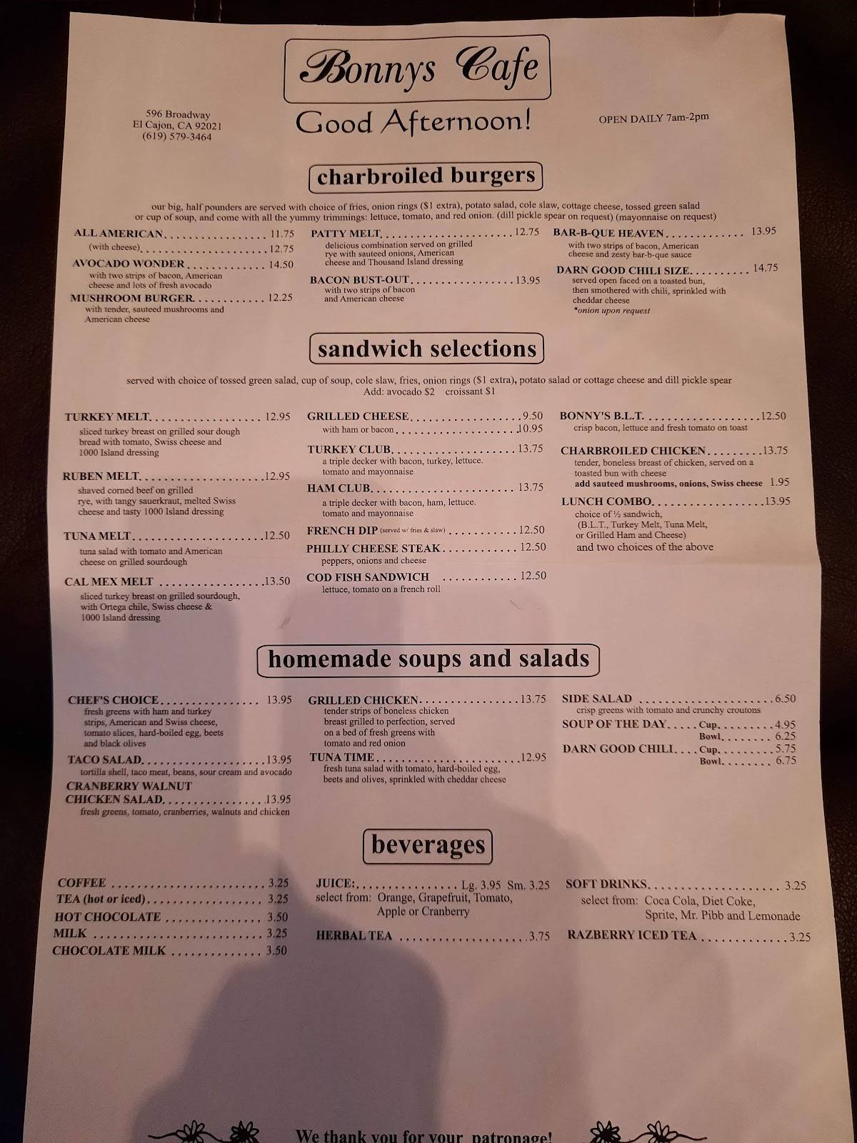 Menu at Bonny's Cafe, El Cajon