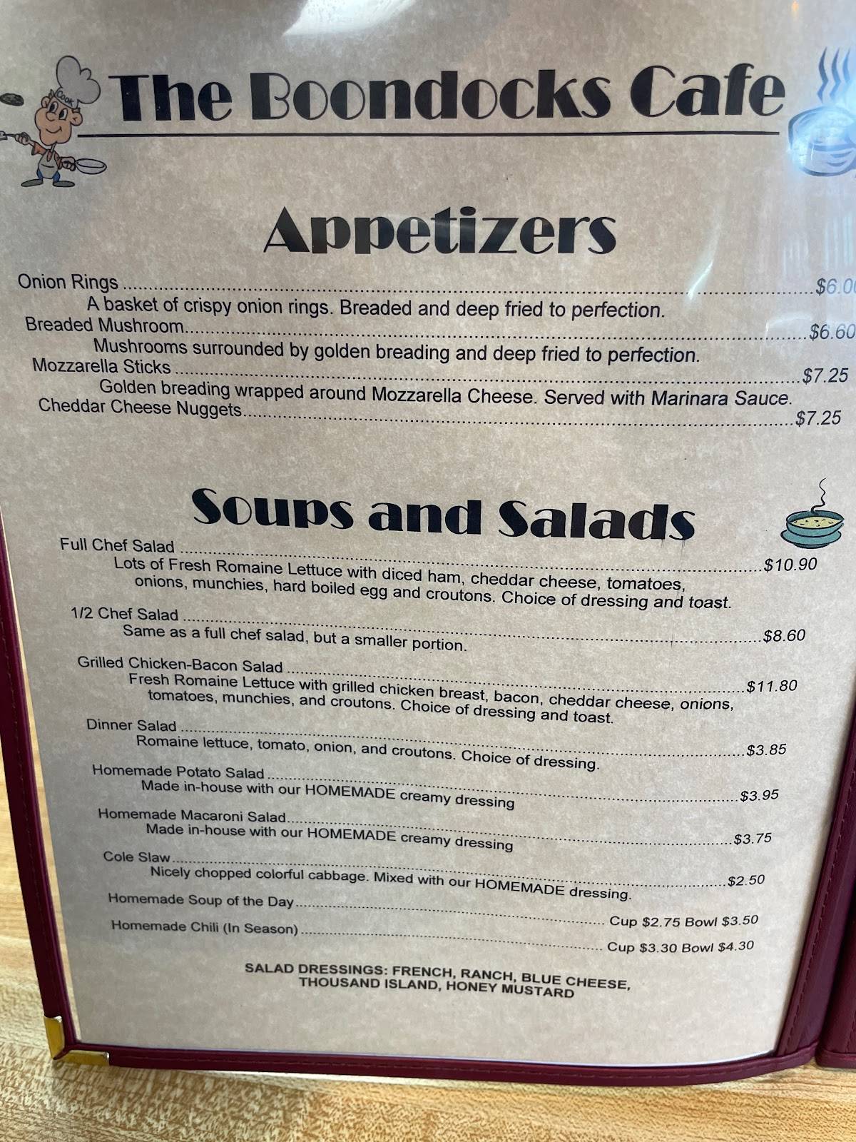 Menu at Boondocks Cafe, Wadena