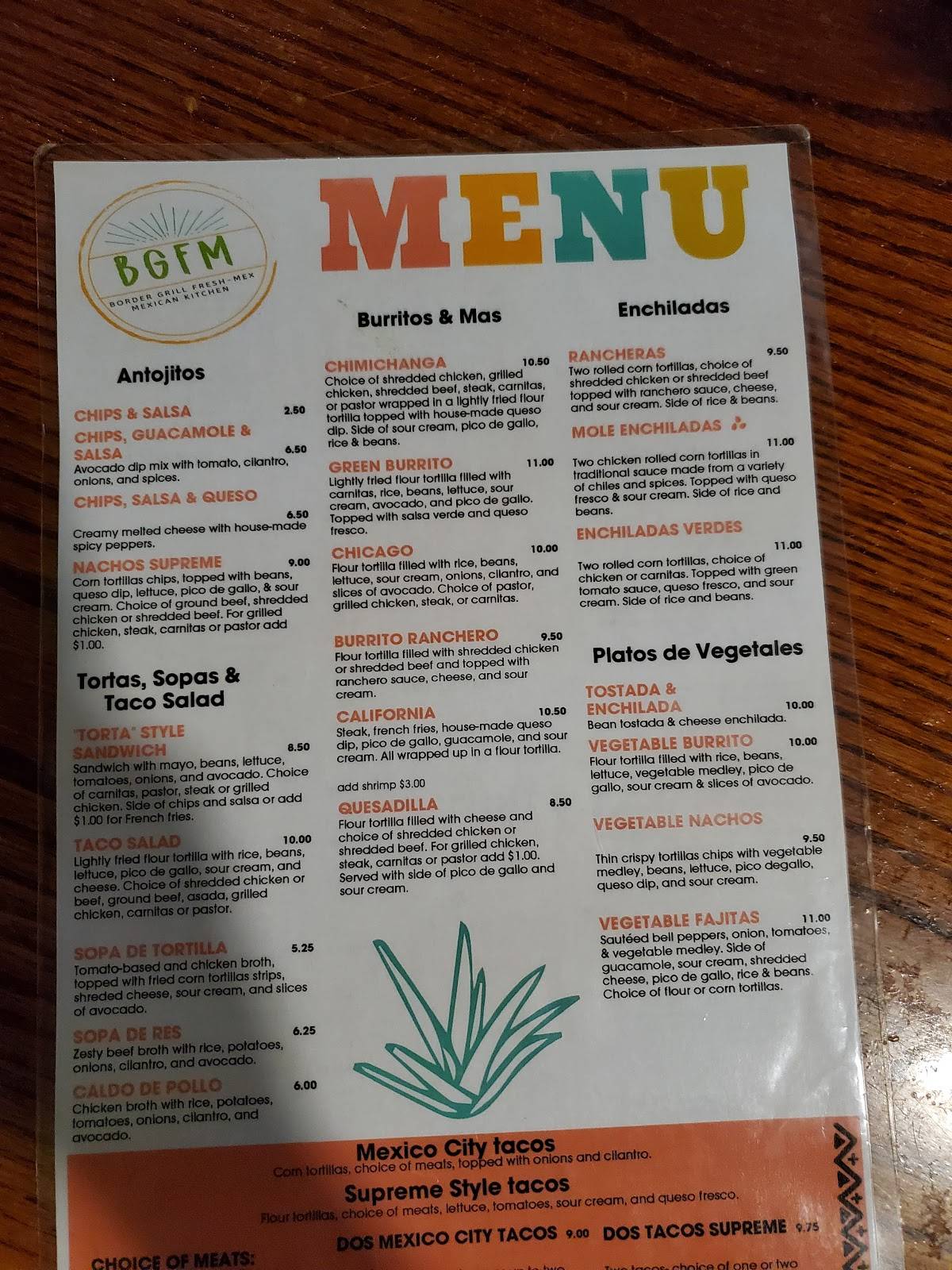 Menu at Border Grill Fresh-Mex restaurant, Orlando
