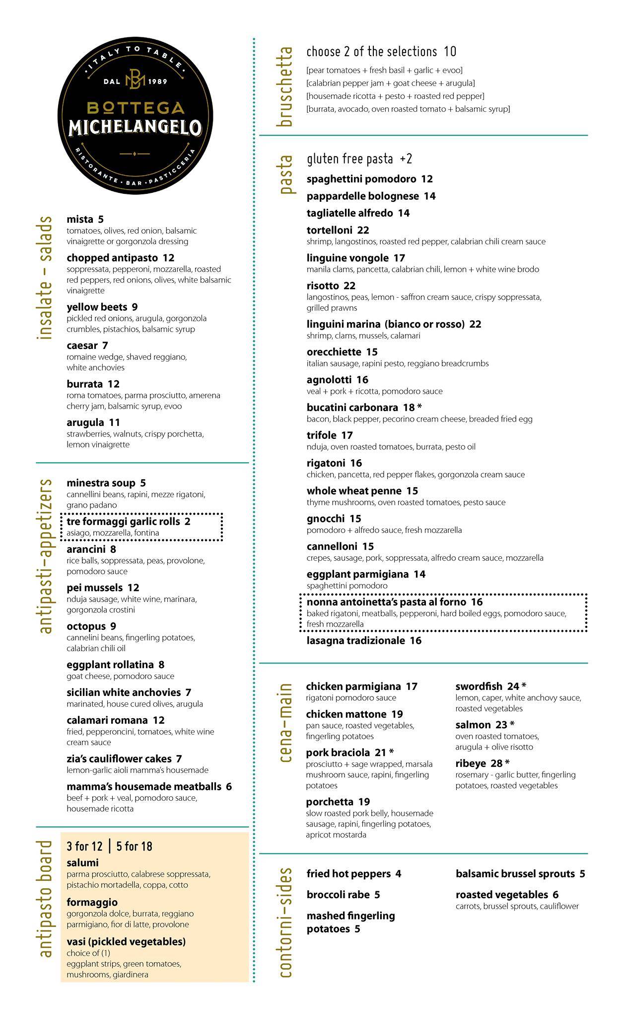 Menu at Bottega Michelangelo pizzeria, Tucson