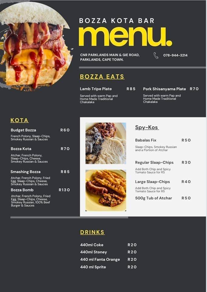 Menu at Bozza Kota Bar, Cape Town