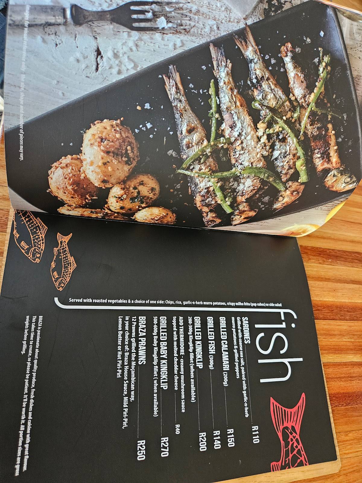 Menu at Braza restaurant, Bloemfontein, Loch Logan