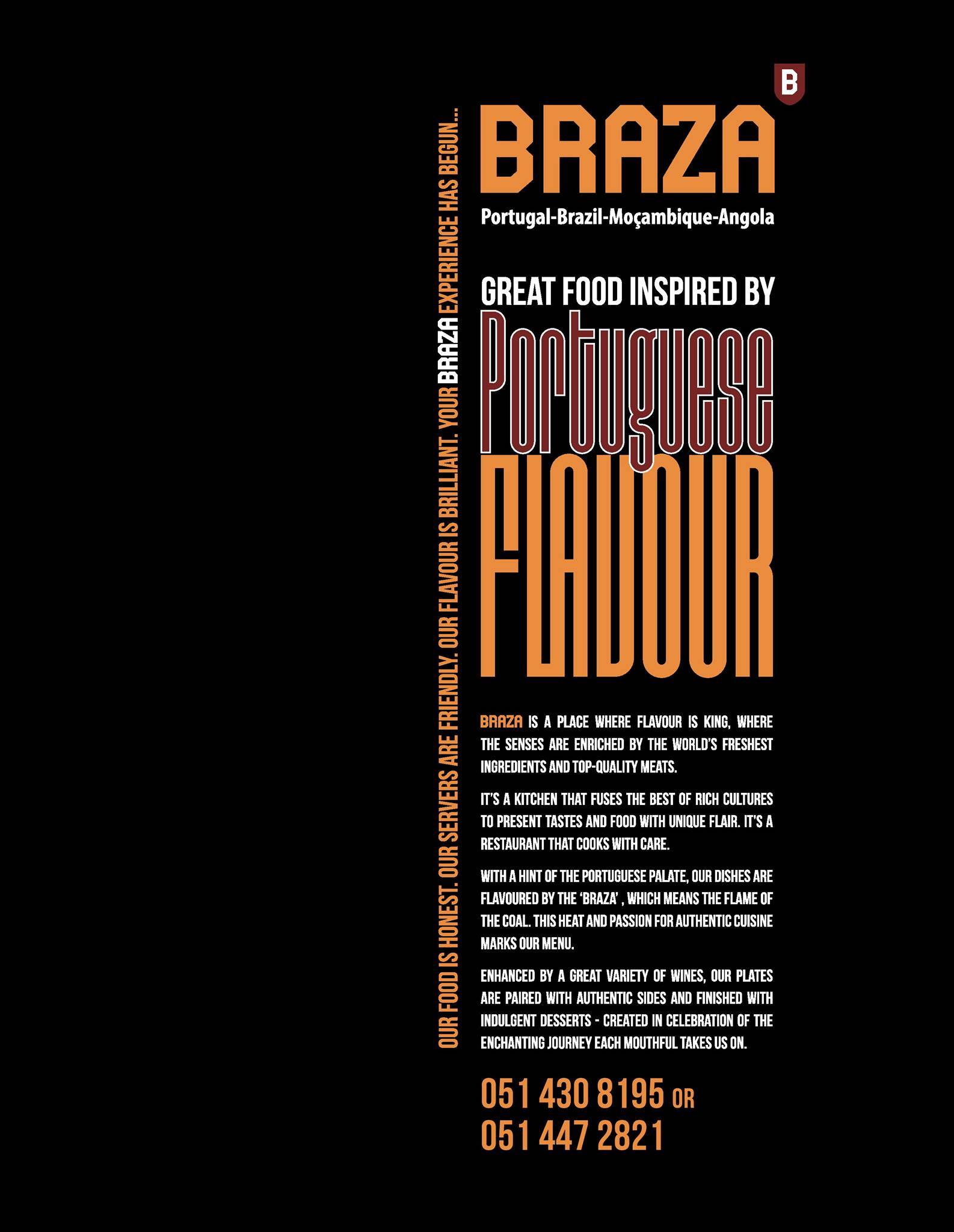 Menu at Braza restaurant, Bloemfontein, Loch Logan