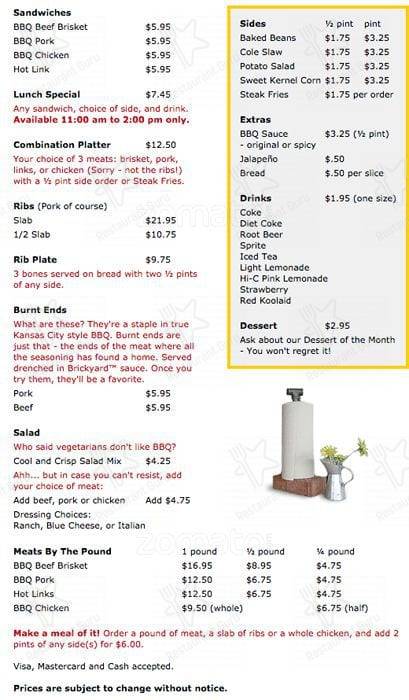 Menu at BrickYard BBQ, Littleton, 311 E County Line Rd