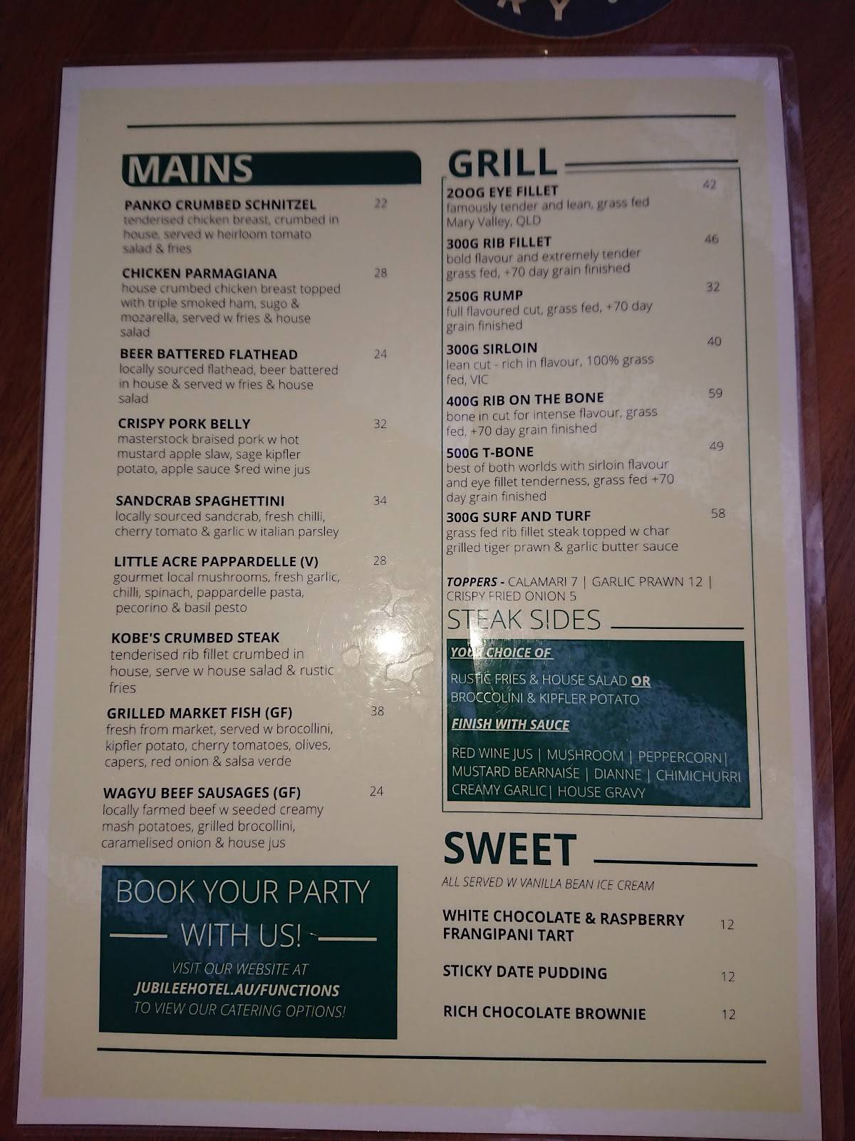 Menu at Jubilee Hotel pub & bar, Fortitude Valley