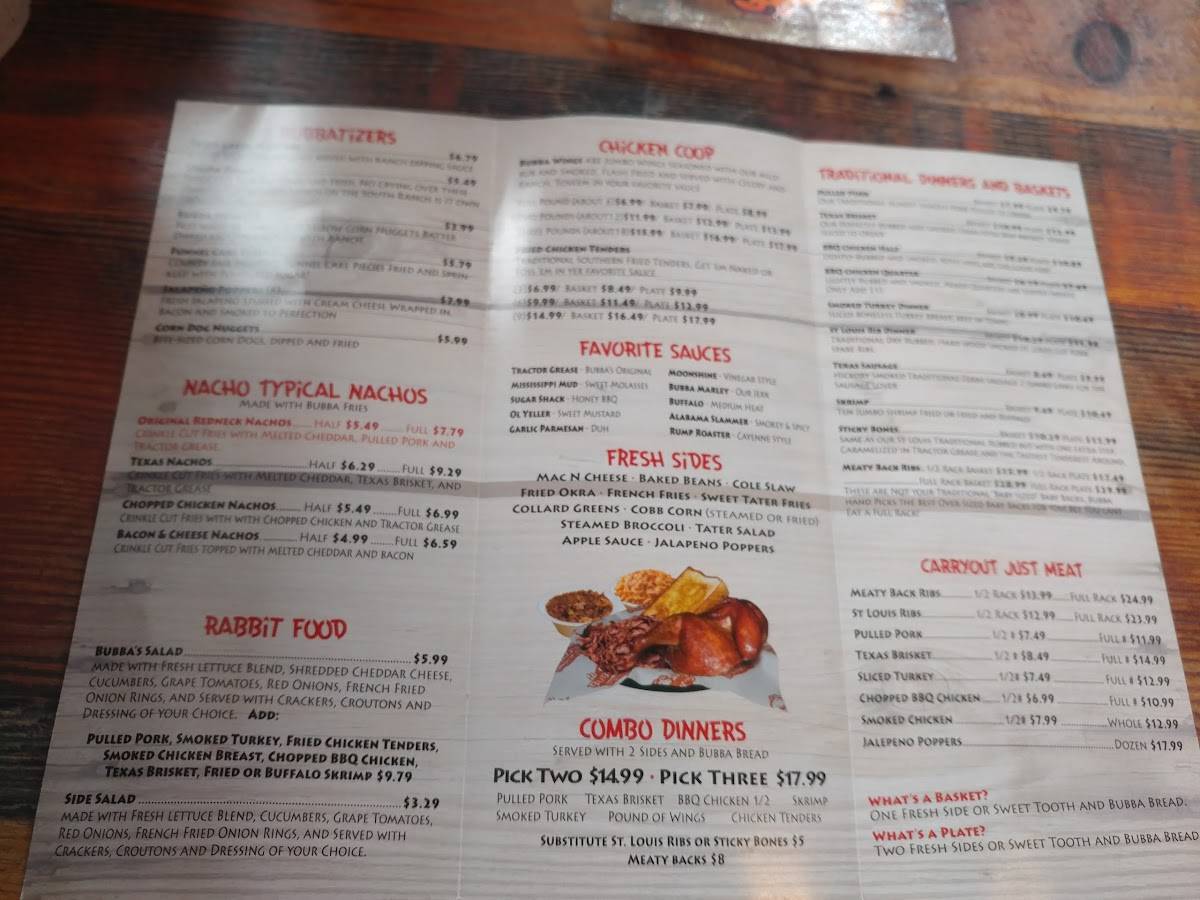 Menu at BubbaQue's BBQ - Sun City, Sun City Center
