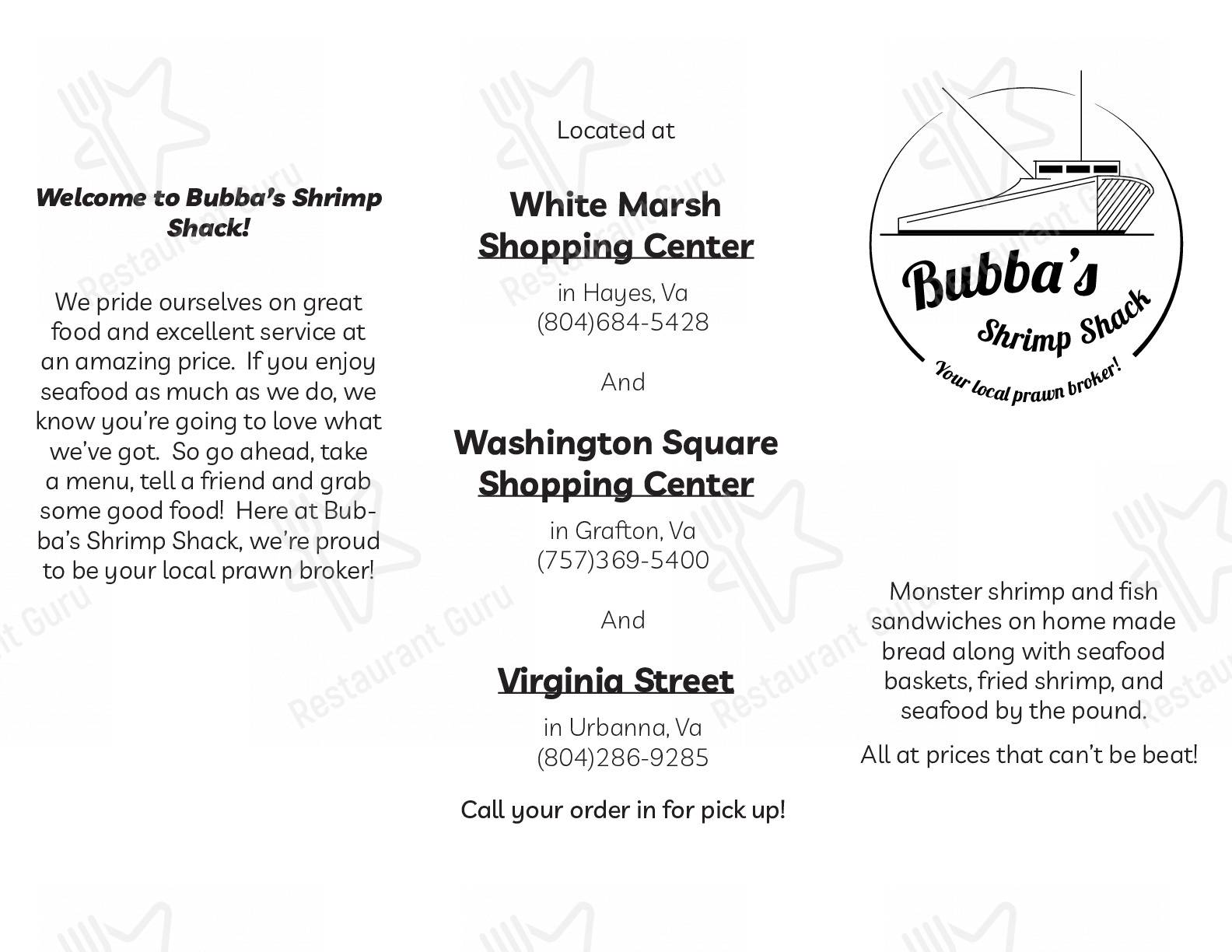 Menu at Bubba's Shrimp Shack restaurant, Gloucester Point