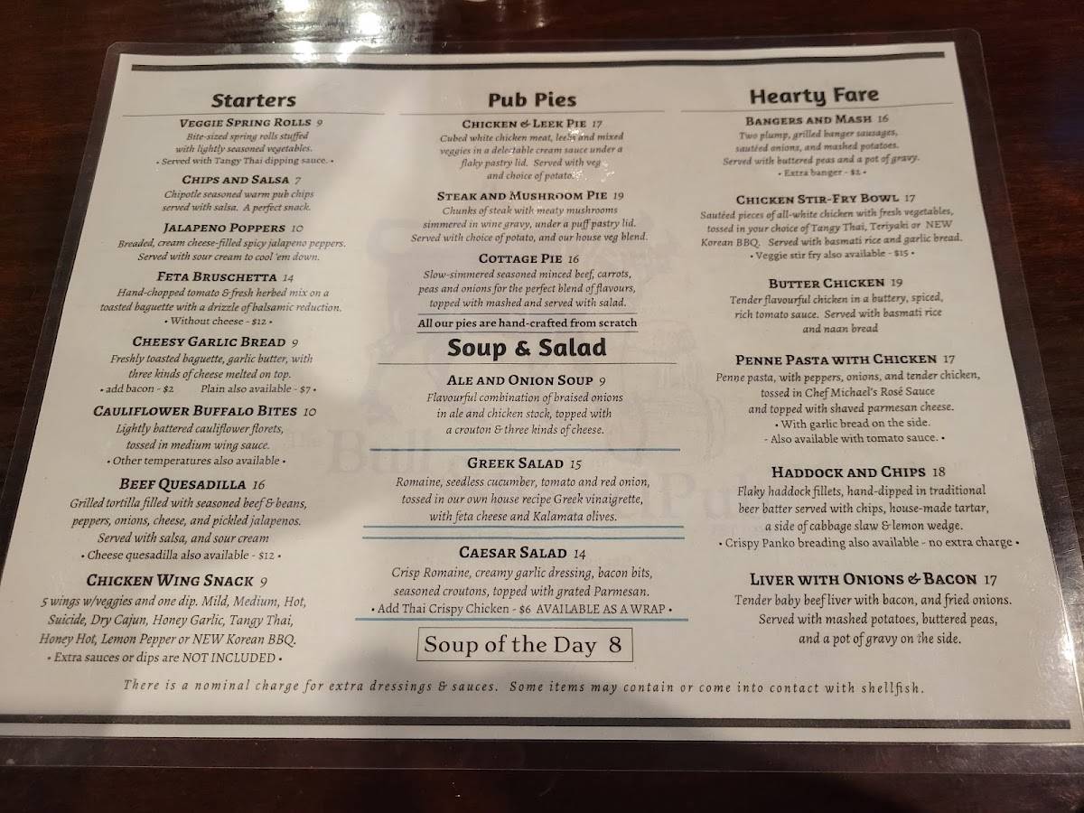 Menu at Bull and Barrel Pub, Barrie