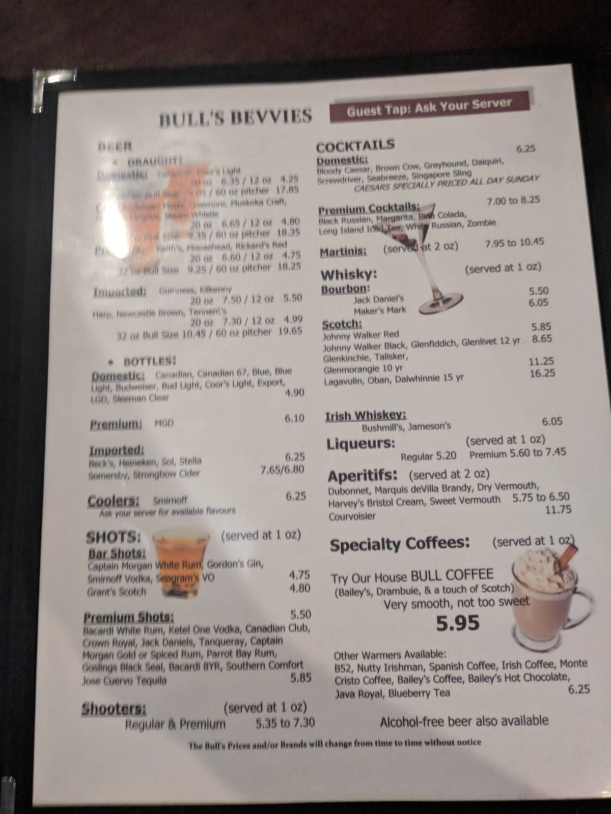 Menu at Bull and Barrel Pub, Barrie