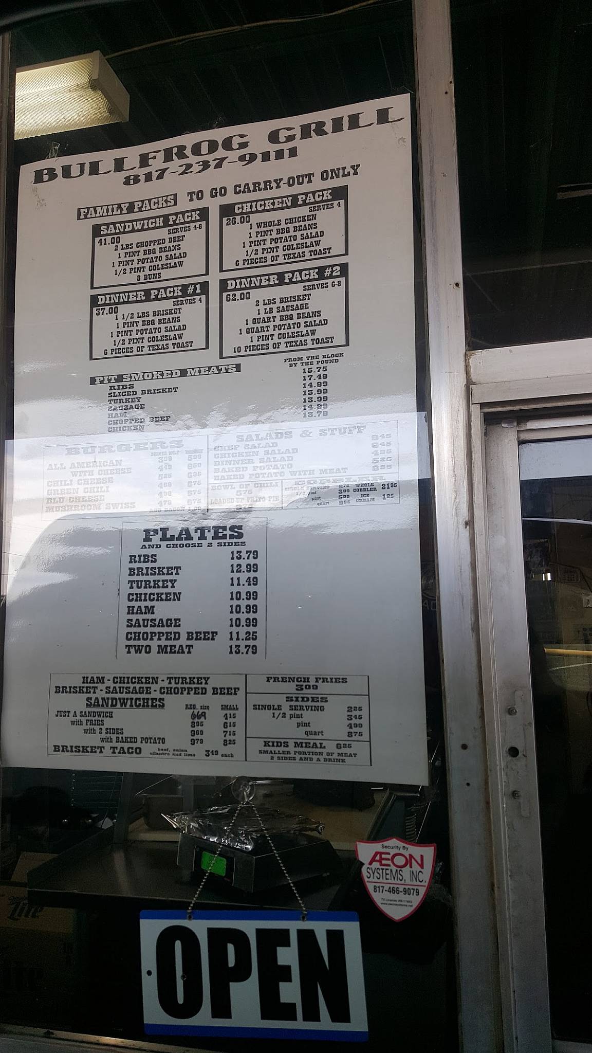 Menu at Bullfrog Grill BBQ, Fort Worth
