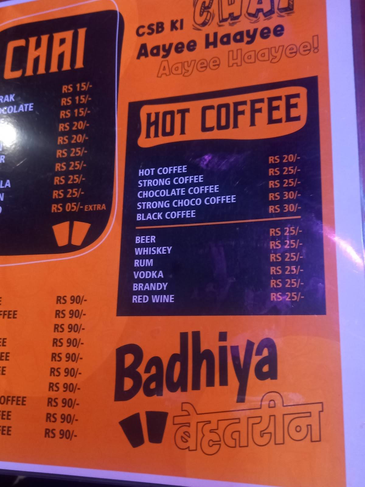 Menu at Chai Sutta Bar, Burla