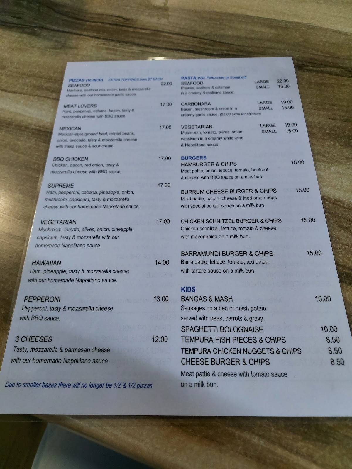 Menu at Burrum Tavern pub & bar, Burrum Heads