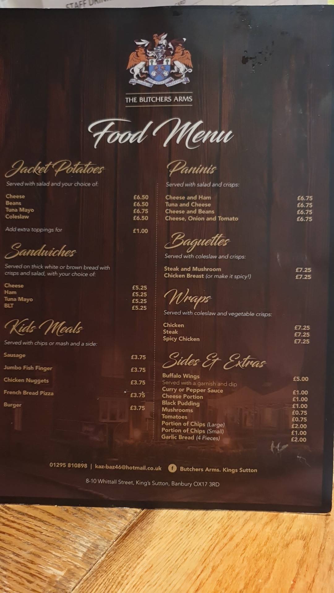 Menu at Butchers Arms pub & bar, Banbury