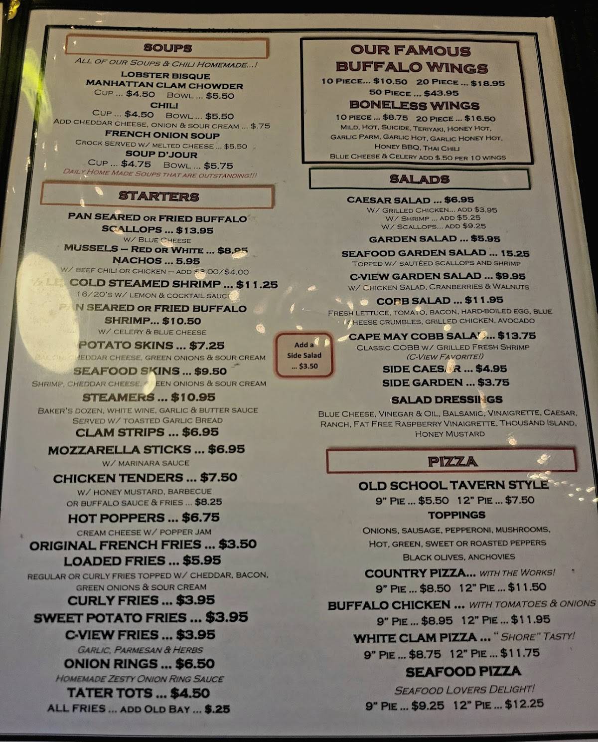 Menu at C-View Inn pizzeria, Cape May