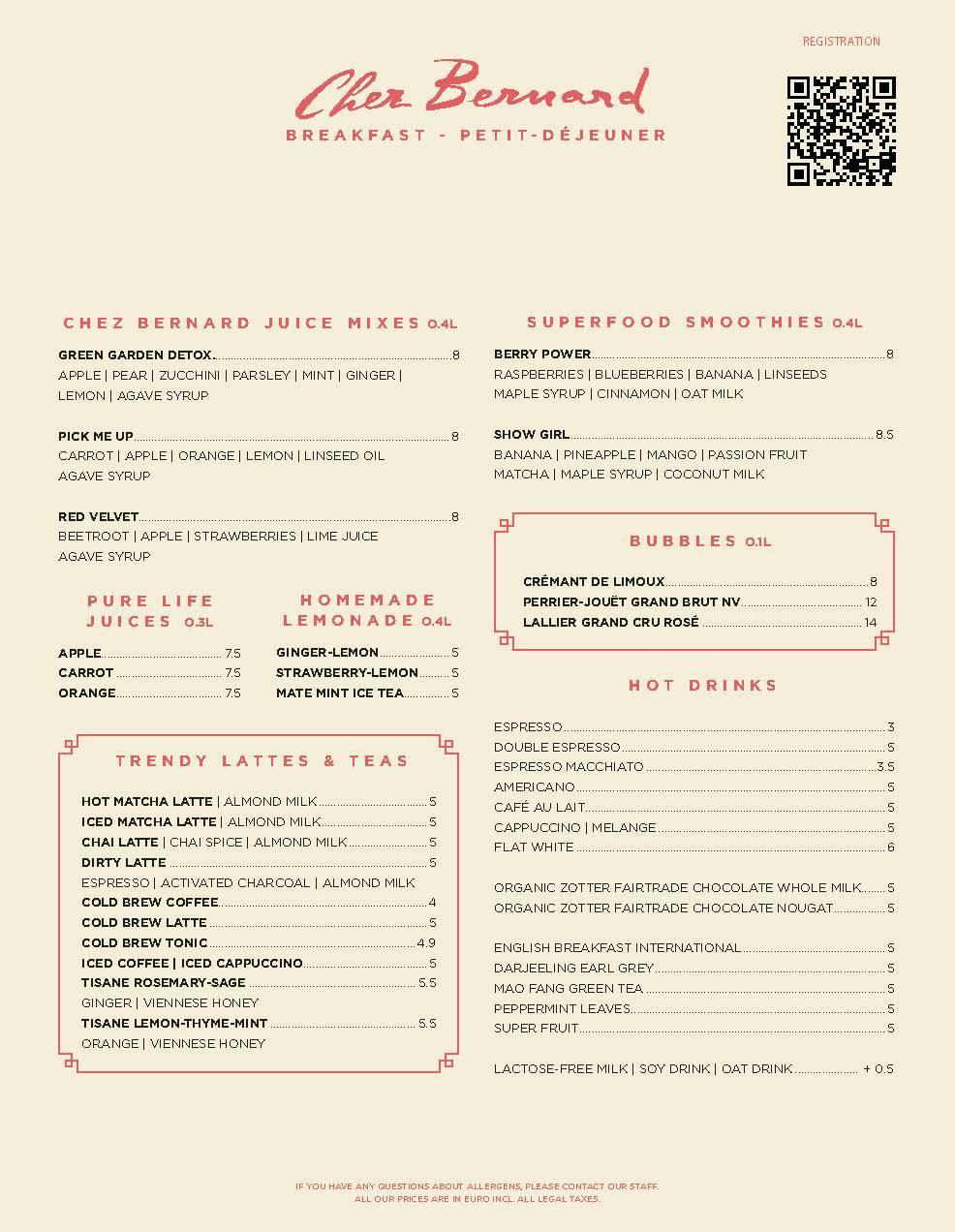 Speisekarte von CHEZ BERNARD Restaurant et Bar, Wien