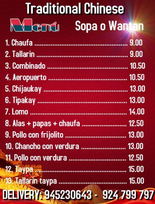Menu at CHIFA Tradicional chinese restaurant, La Molina