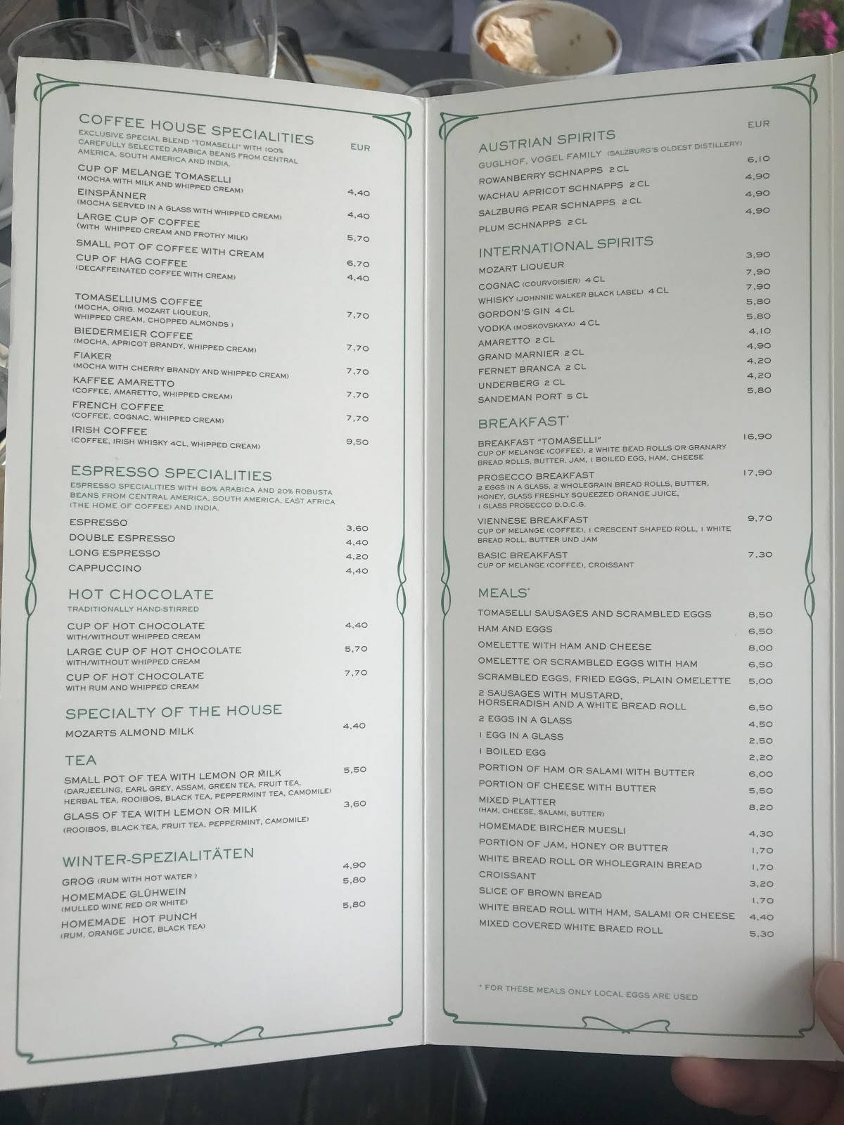 Menu at Café Tomaselli cafe, Salzburg