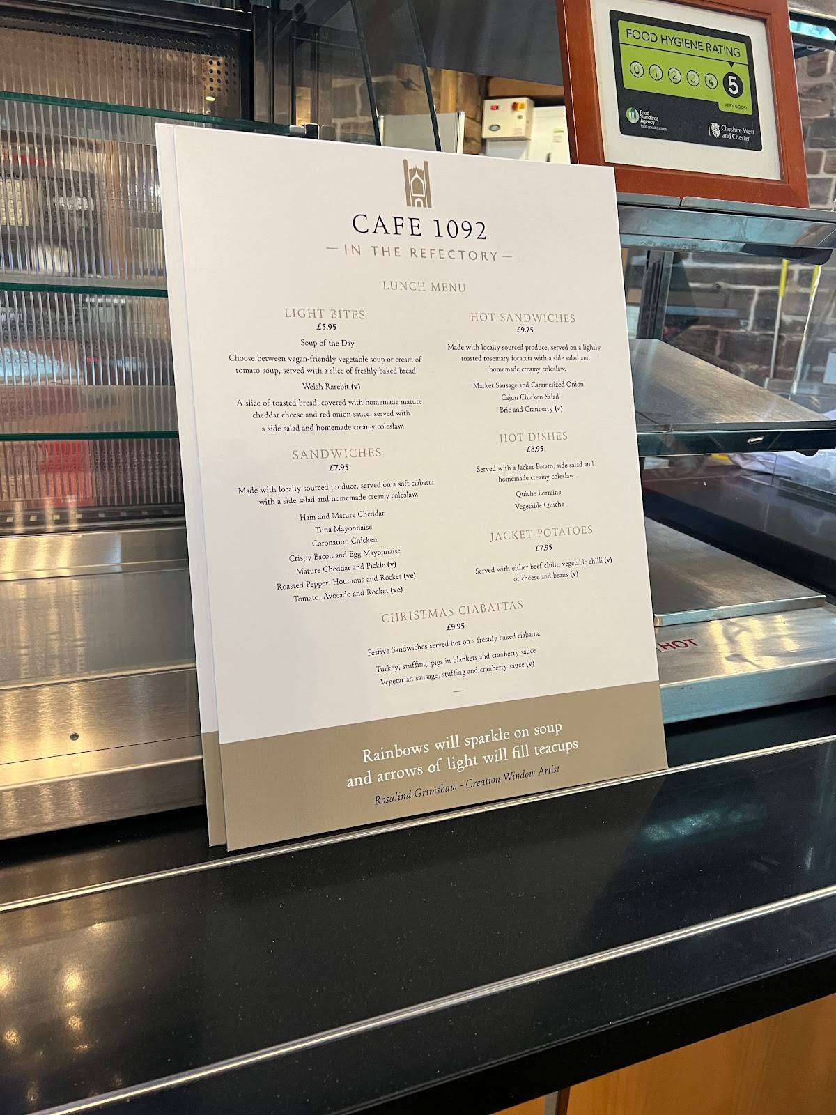 Menu at Café 1092 in the Refectory cafe, Chester